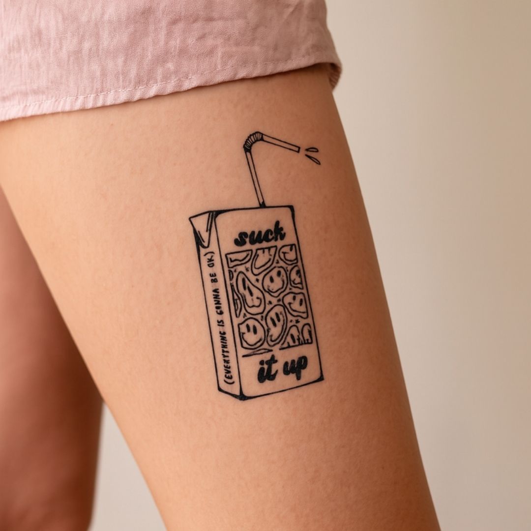 Smiling Juice Box Tattoo | Temporalis